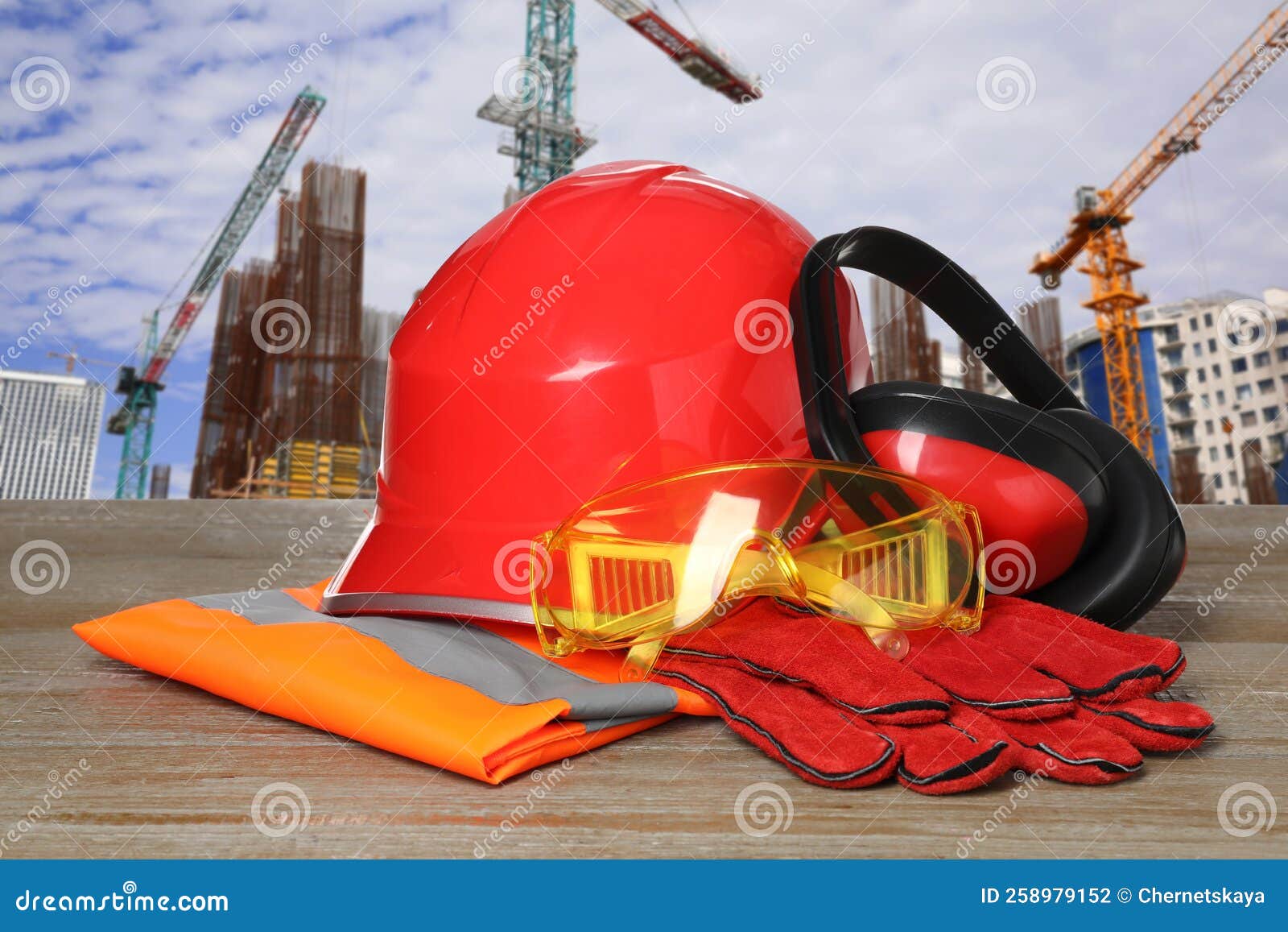 Safety Equipment and Tools on Wooden Surface and Blurred View of ...