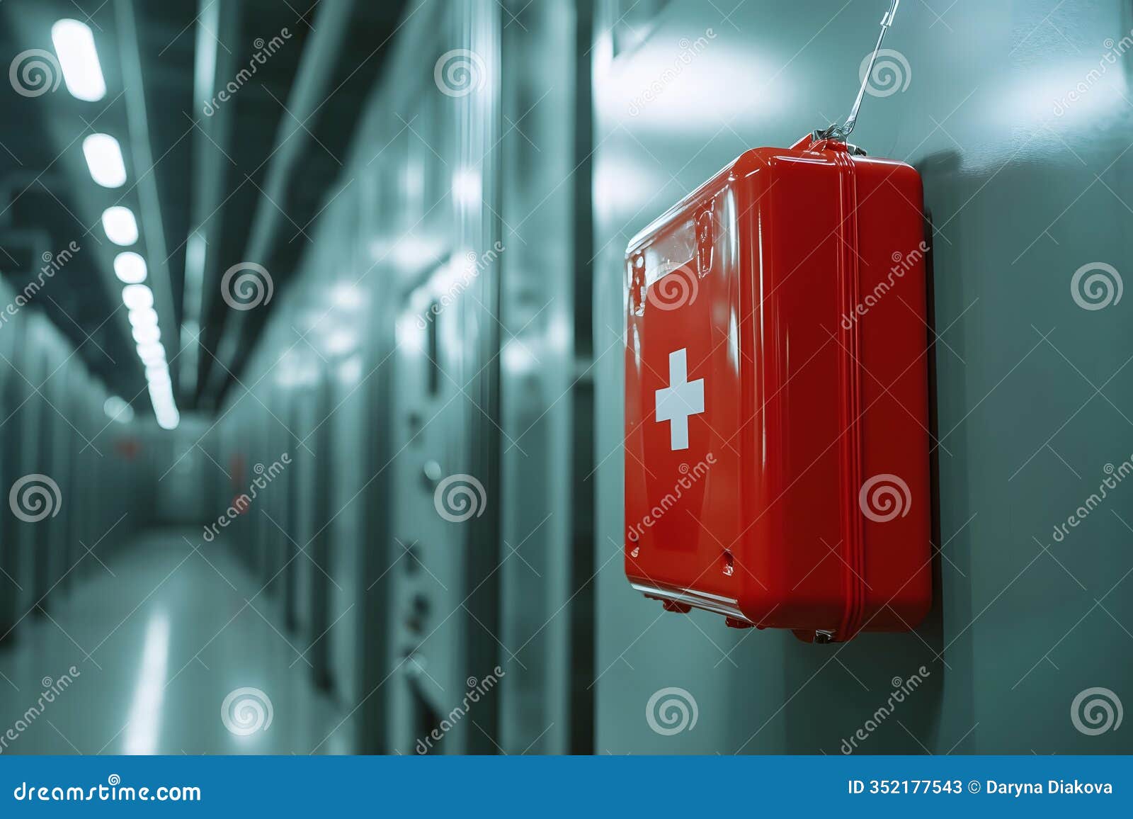 Safety First: Close-Up of Factory Corridor with First Aid Kit Stock ...