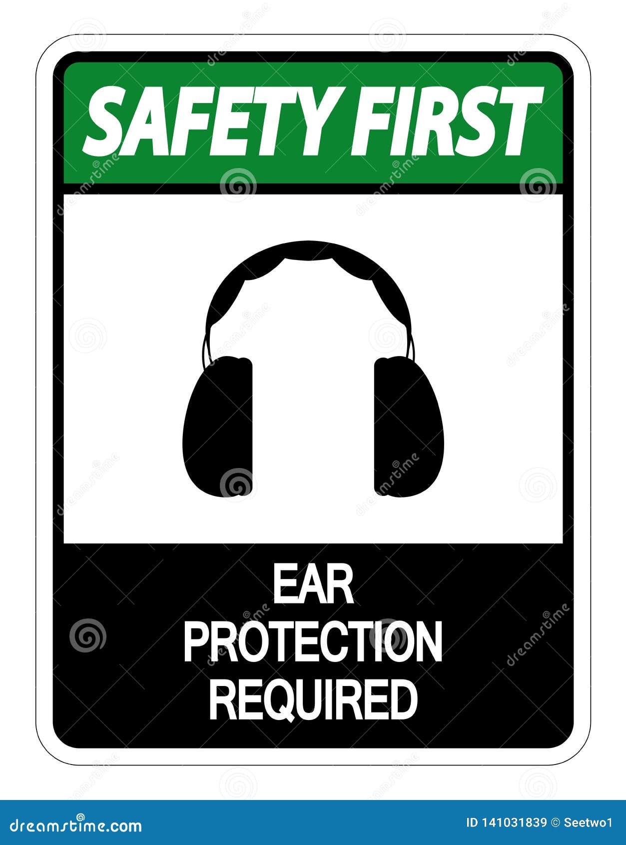 Symbol Safety First Ear Protection Required Sign on White Background ...
