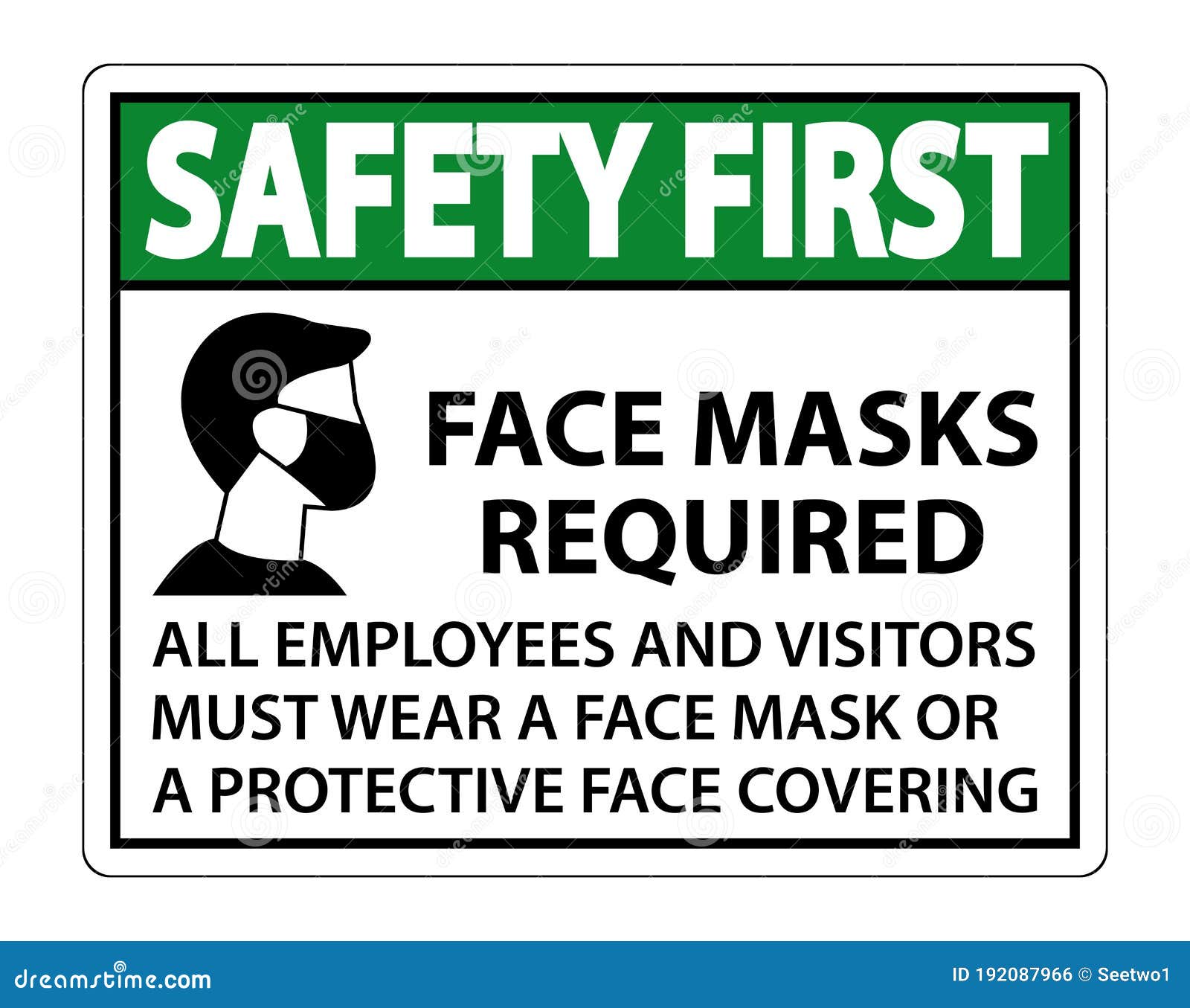 Safety First Face Masks Required Sign on White Background Stock Vector ...