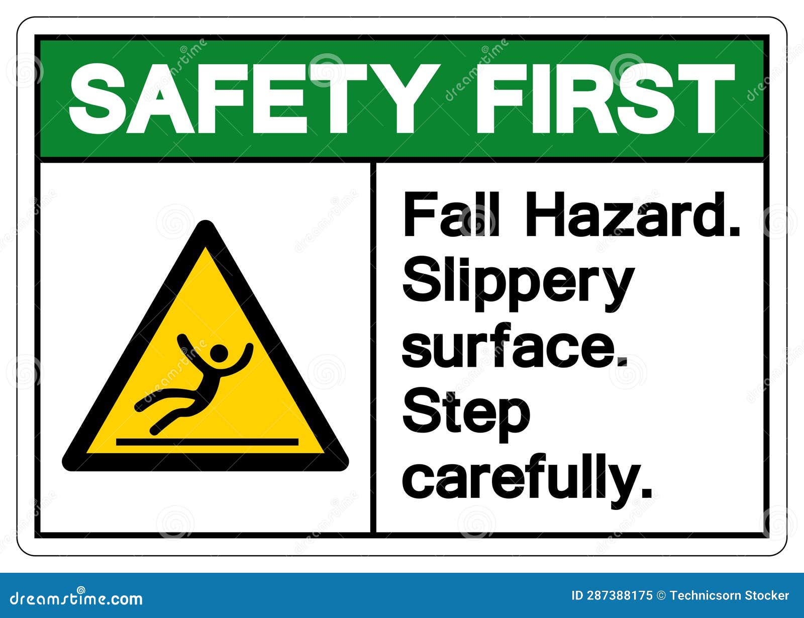Safety First Fall Hazard Slippery Surface. Step Carefully Symbol Sign ...