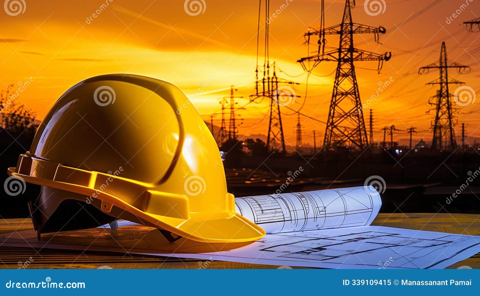 Safety First Hard Helmet Hat and Engineer Tool at High Voltage Power ...