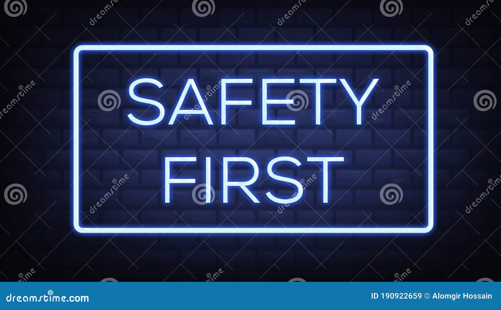 Safety First Neon Text on Brick Wall Background Stock Illustration ...