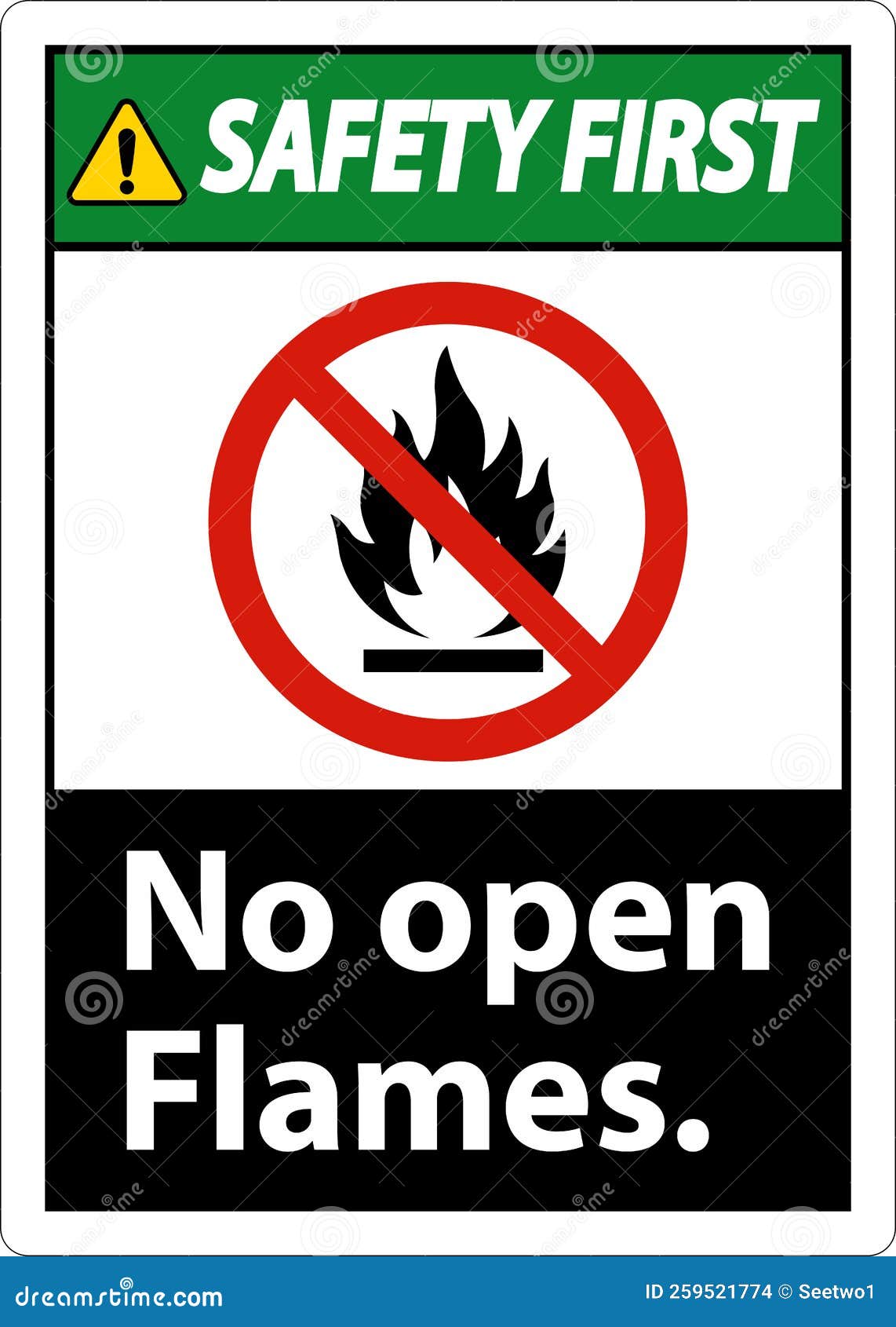 Safety First No Open Flames Label Sign on White Background Stock Vector ...