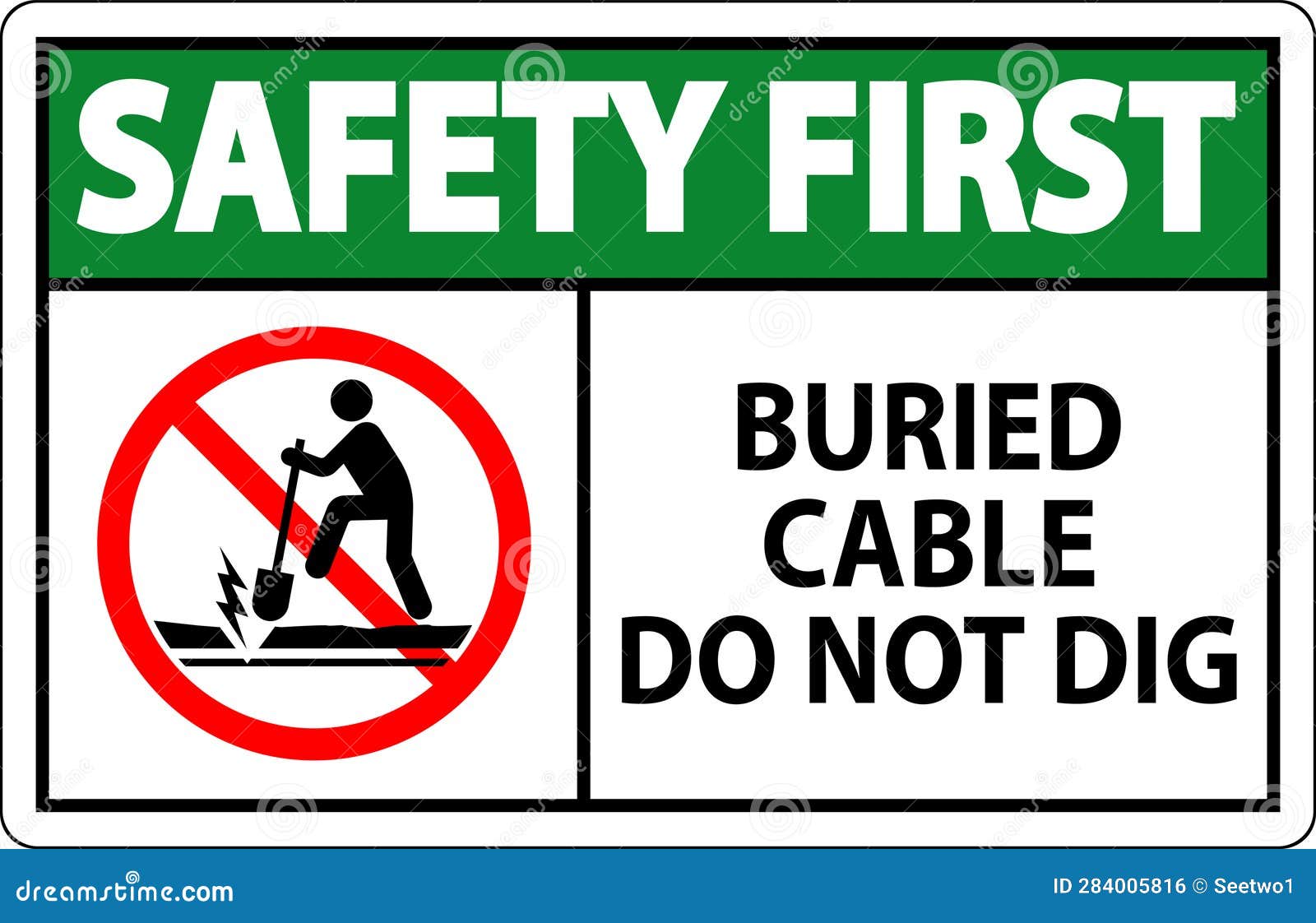 Safety First Sign Buried Cable, Do Not Dig on White Background Stock ...