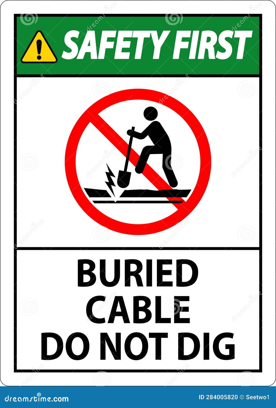 Safety First Sign Buried Cable, Do Not Dig on White Background Stock ...