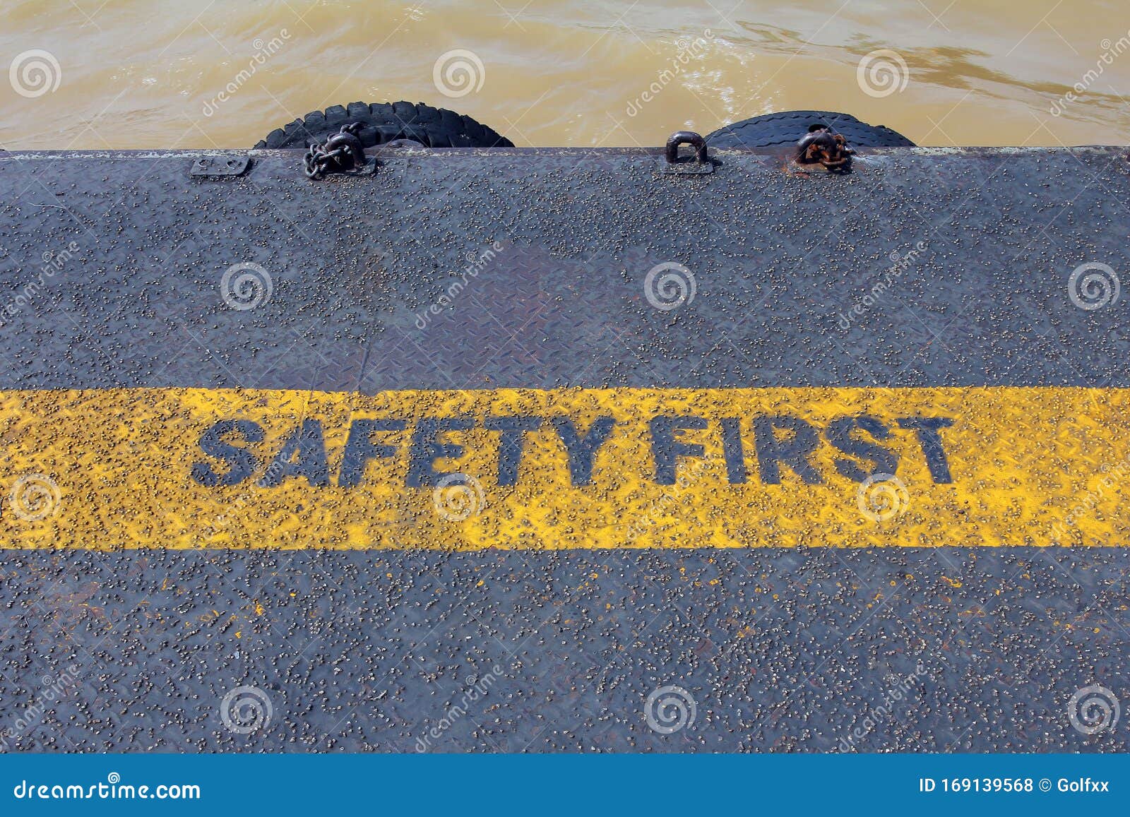 Safety First Sign on Caution Strip Stock Photo - Image of pattern ...