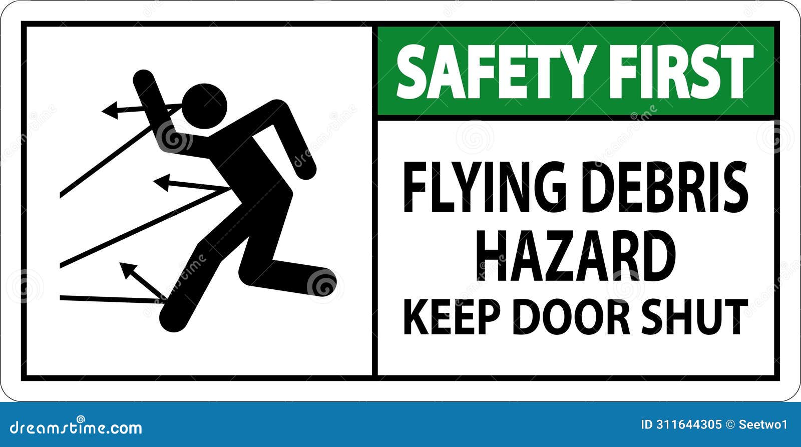 Safety First Sign, Flying Debris Hazard, Keep Door Shut Stock Vector ...