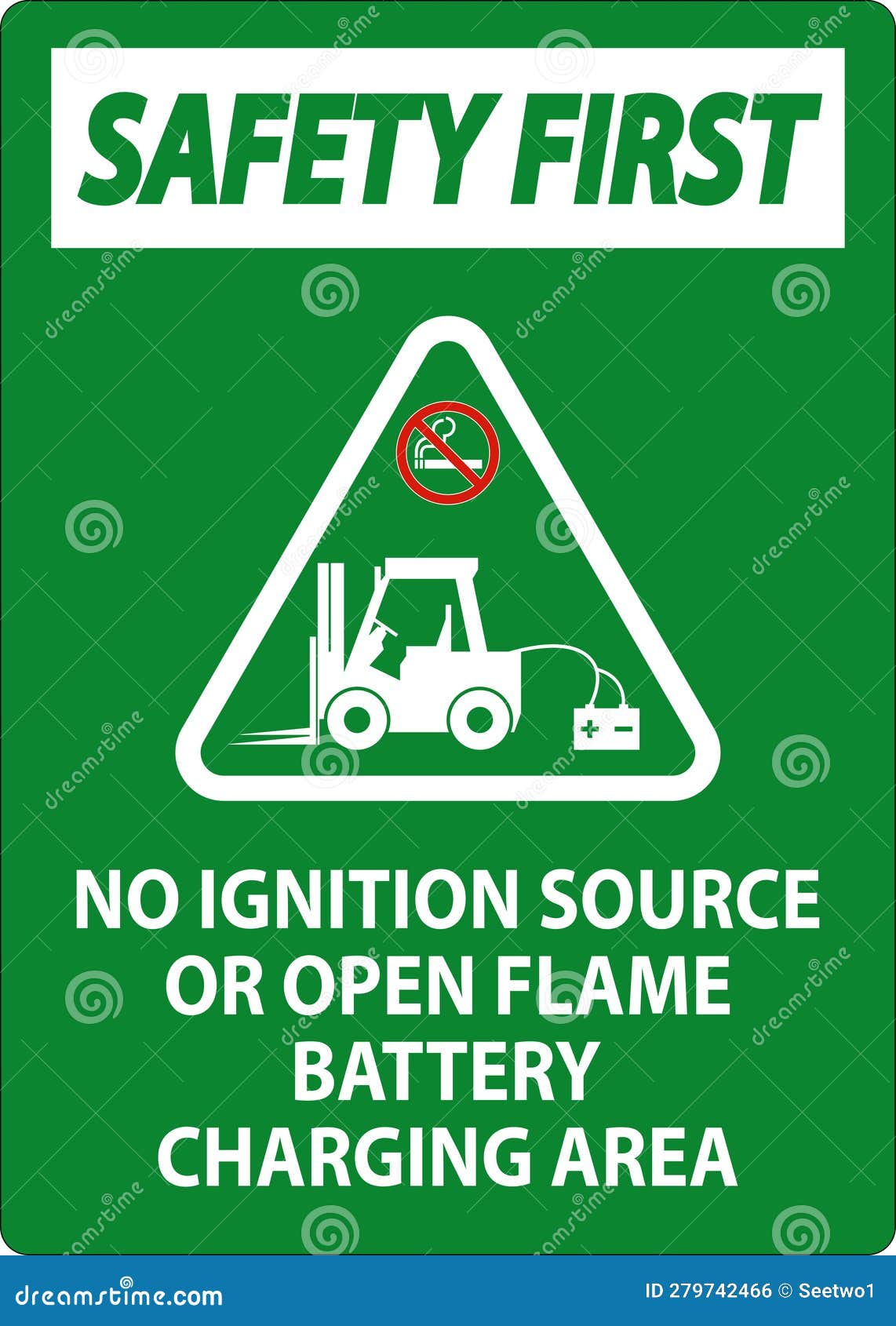 Safety First Sign No Ignition Source or Open Flame, Battery Charging ...