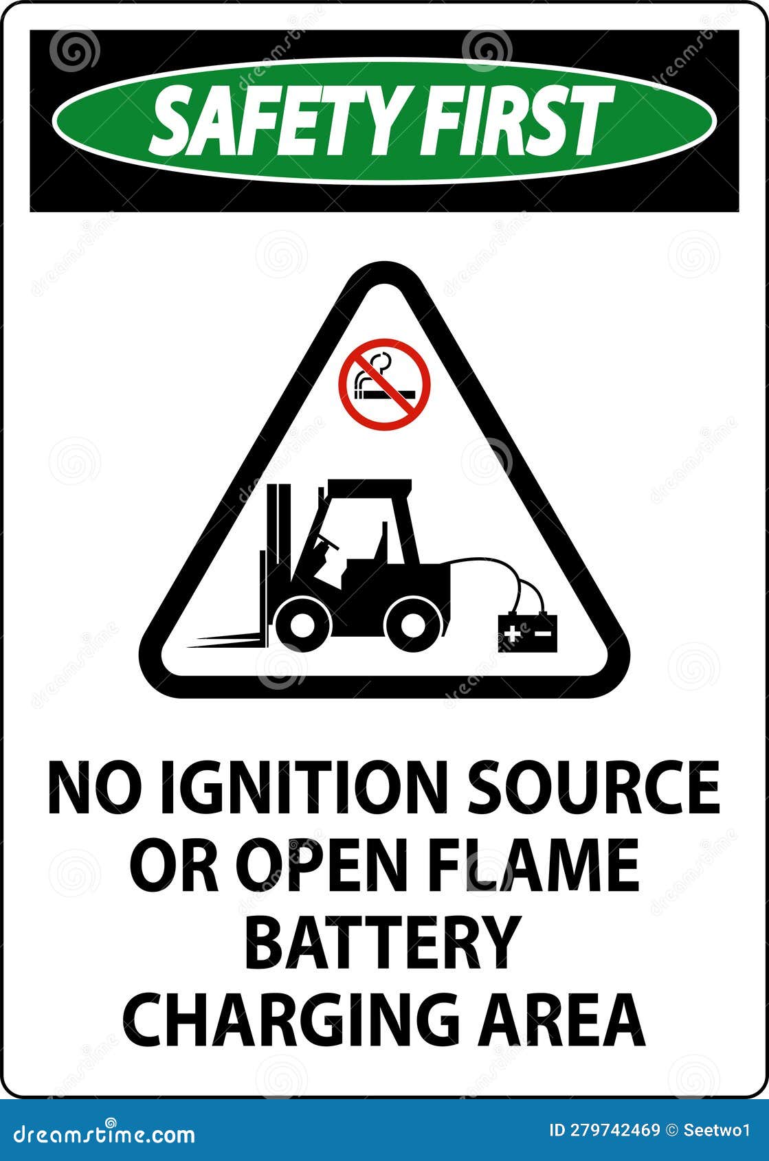 Safety First Sign No Ignition Source or Open Flame, Battery Charging ...