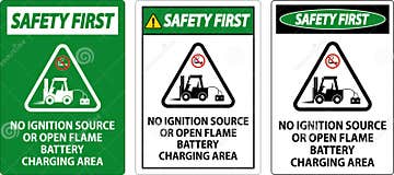 Safety First Sign No Ignition Source or Open Flame, Battery Charging ...