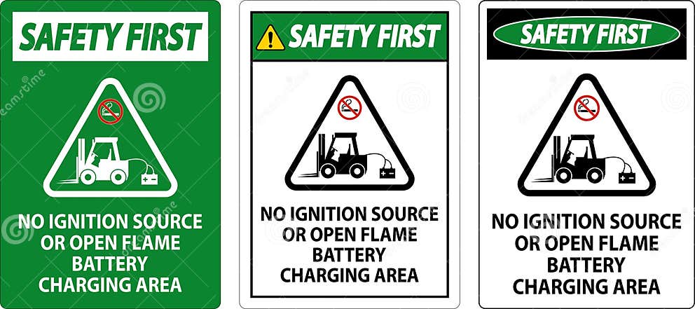 Safety First Sign No Ignition Source or Open Flame, Battery Charging ...