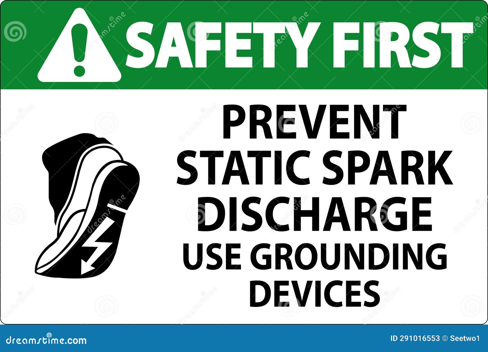 Safety First Sign Prevent Static Spark Discharge, Use Grounding Devices ...