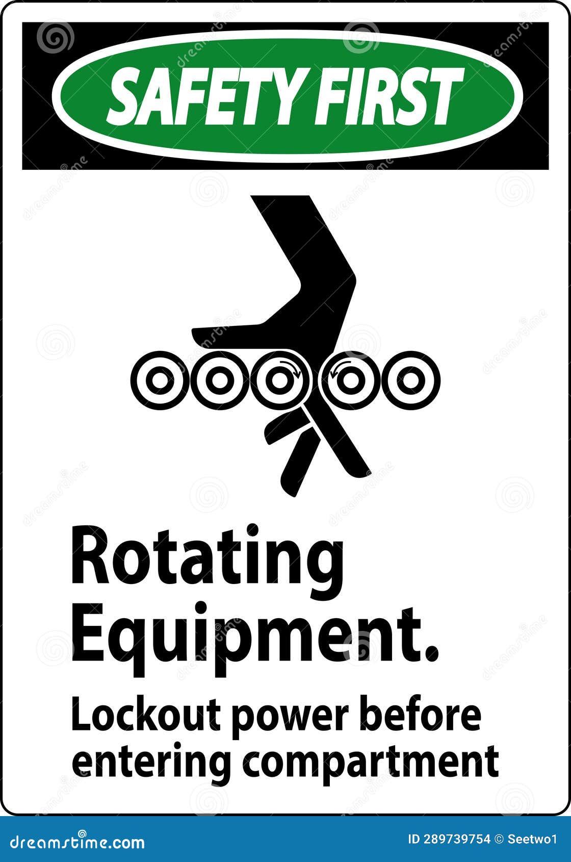 Safety First Sign, Rotating Equipment, Lockout Power before Entering ...