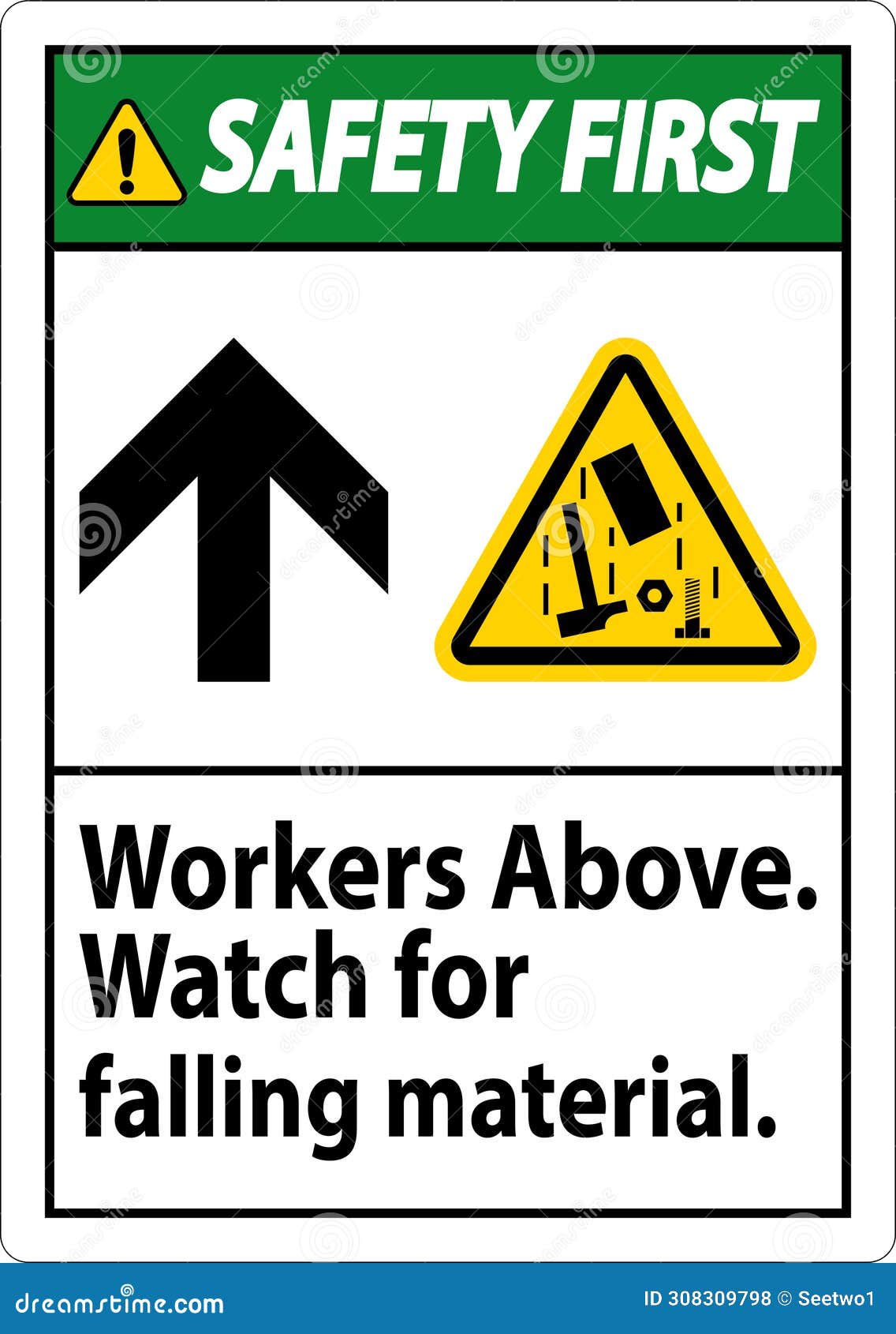 Safety First Sign, Workers Above Falling Material Stock Vector ...