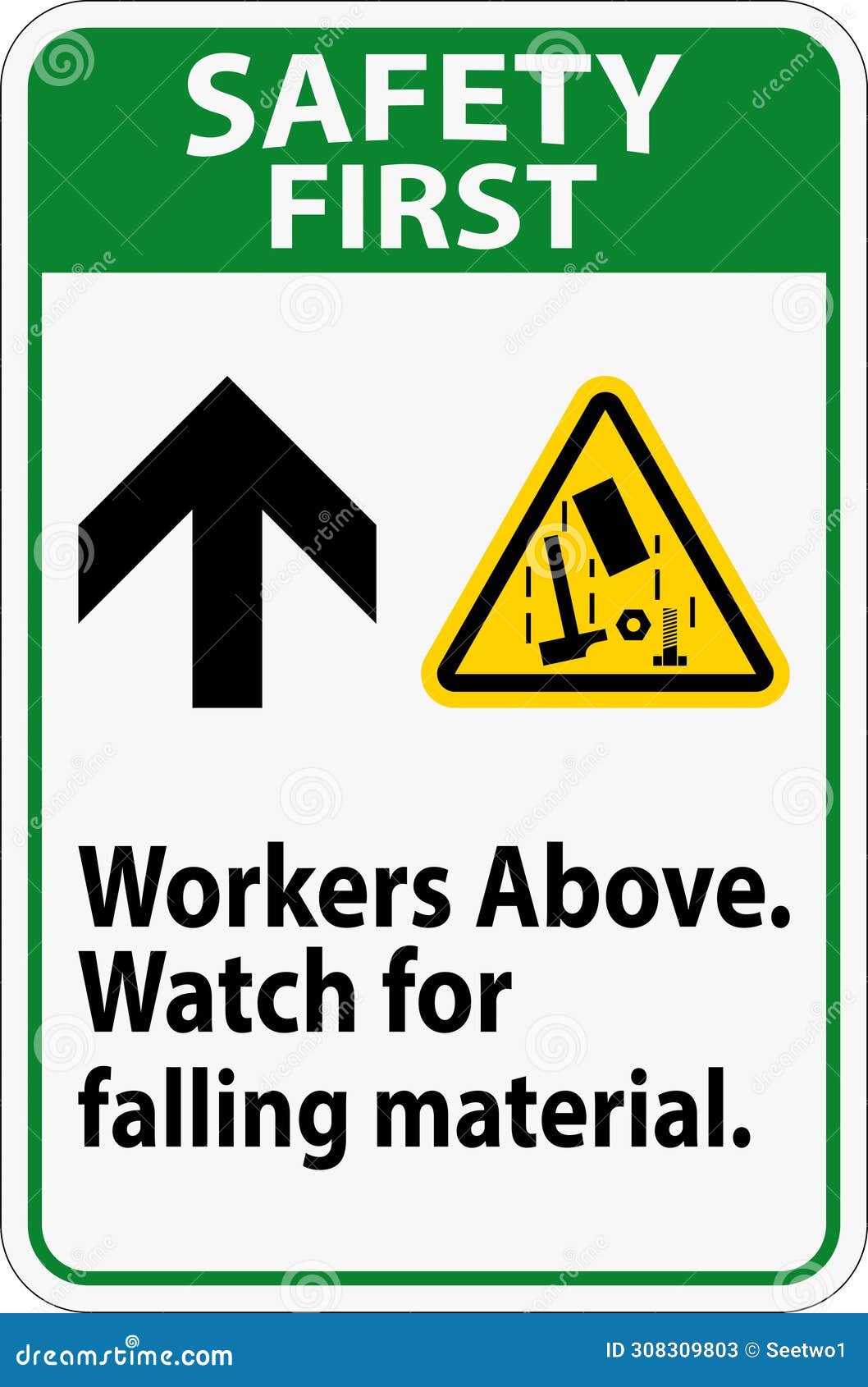 Safety First Sign, Workers Above Falling Material Stock Vector ...