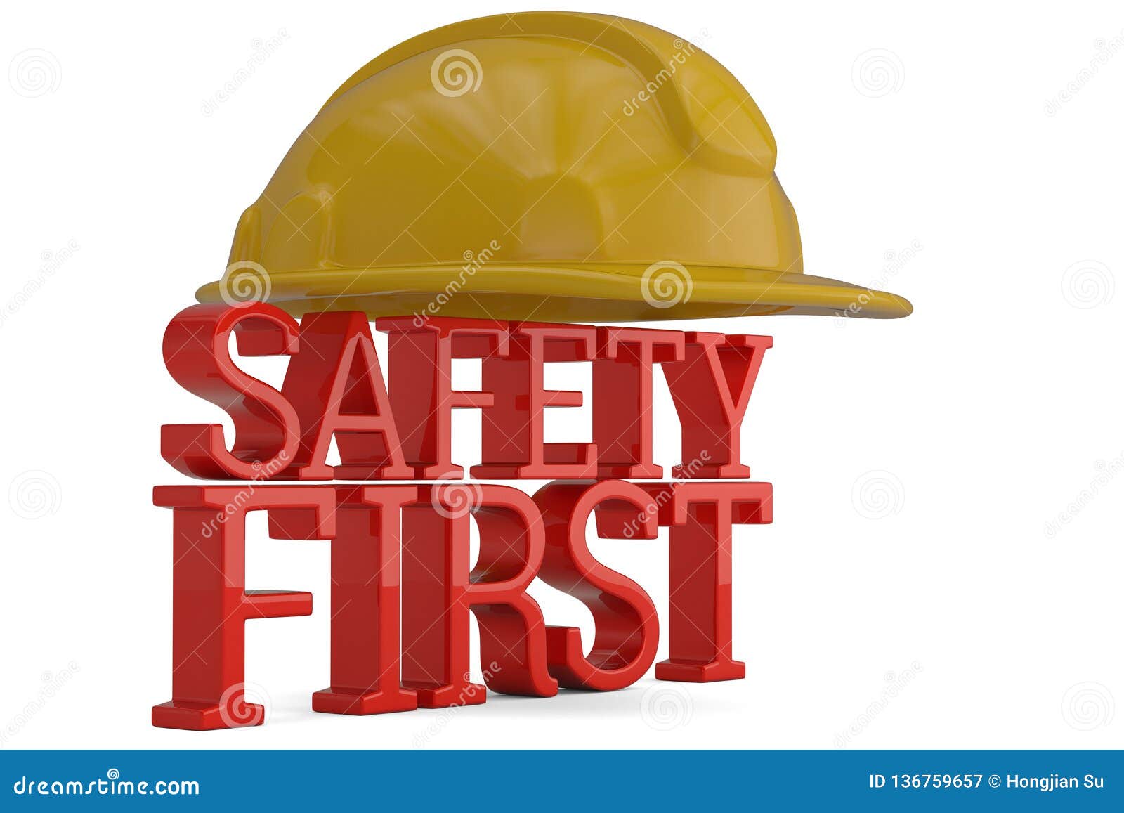 Safety First Text and Helmet Isolated on White Background 3D ...