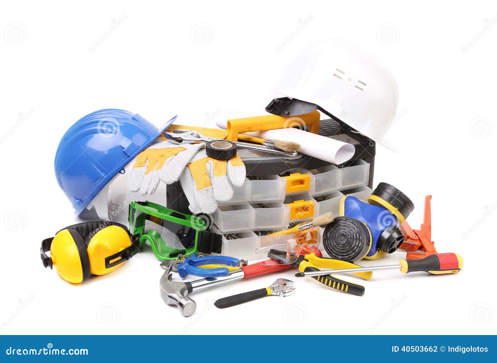 Safety Gear Kit with Tool Box. Stock Photo - Image of goggles, cutter ...