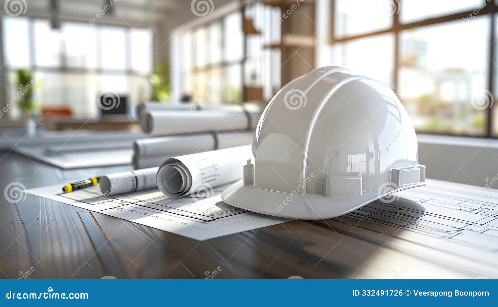 Safety Helmet And Blueprints On A Desk In A Construction Office ...