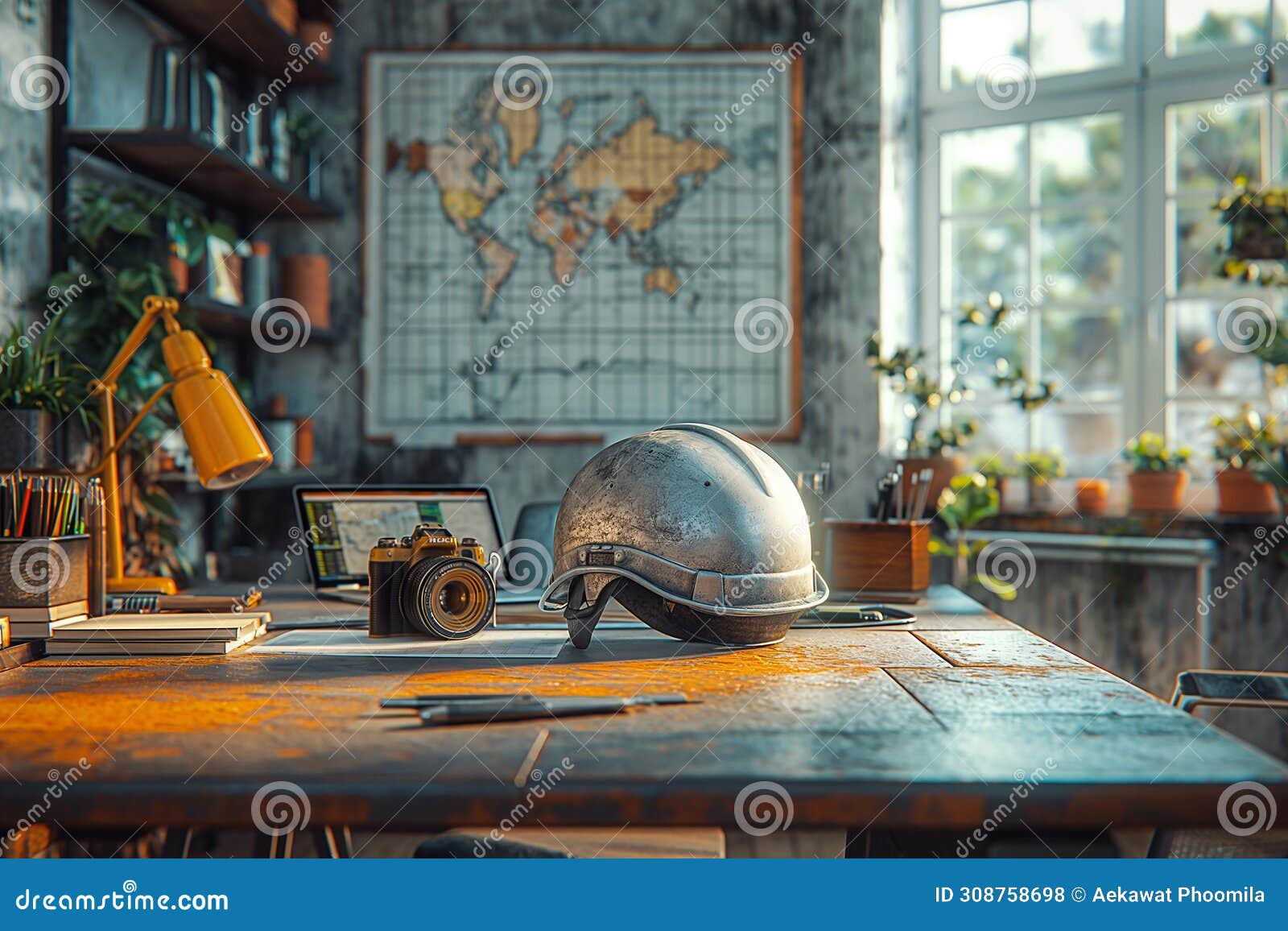 A Safety Helmet is Placed on the Work Desk in the Engineering Room ...