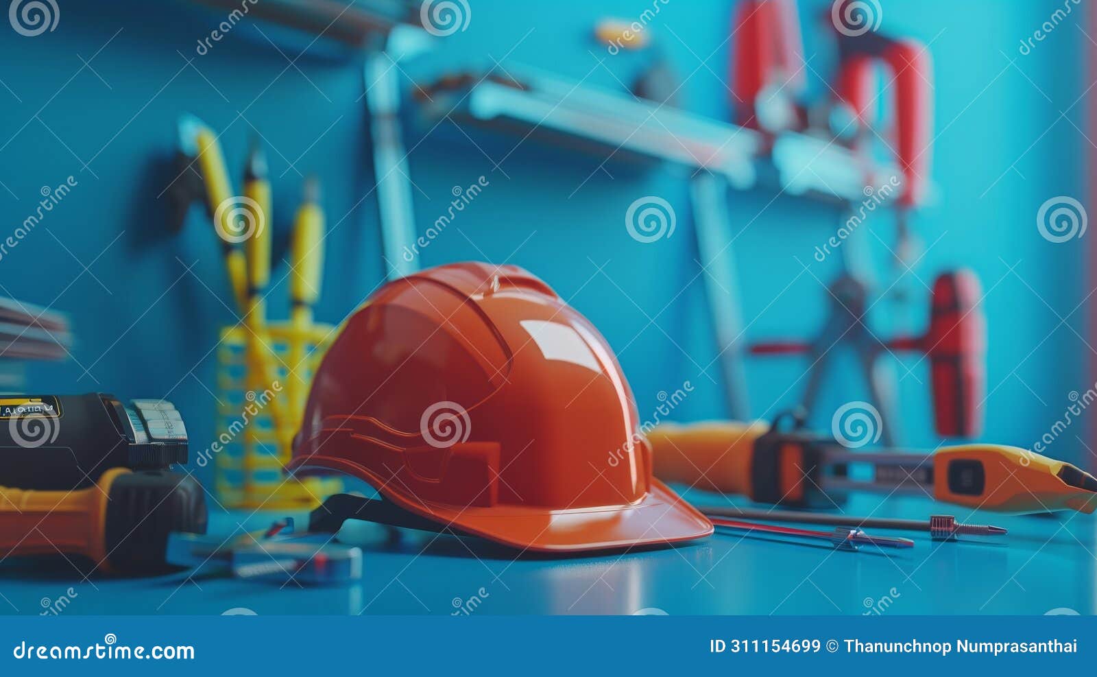Safety Helmet and Tools on a Blue Background Stock Image - Image of ...