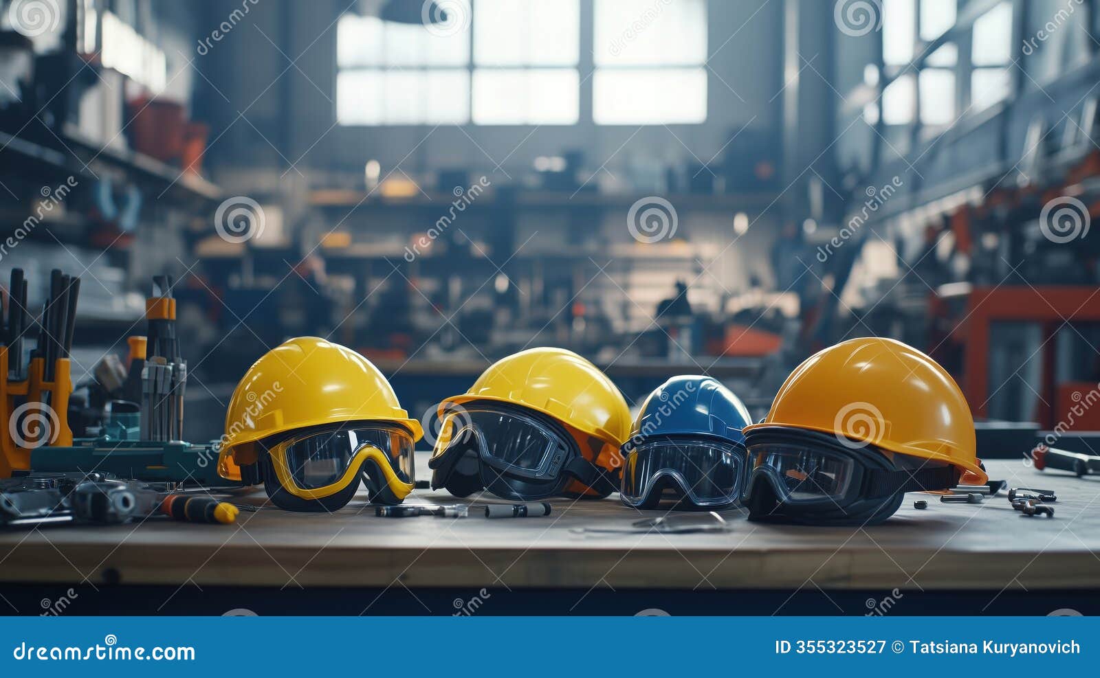 Safety Helmets and Goggles on Workbench, Tools in Background Stock ...