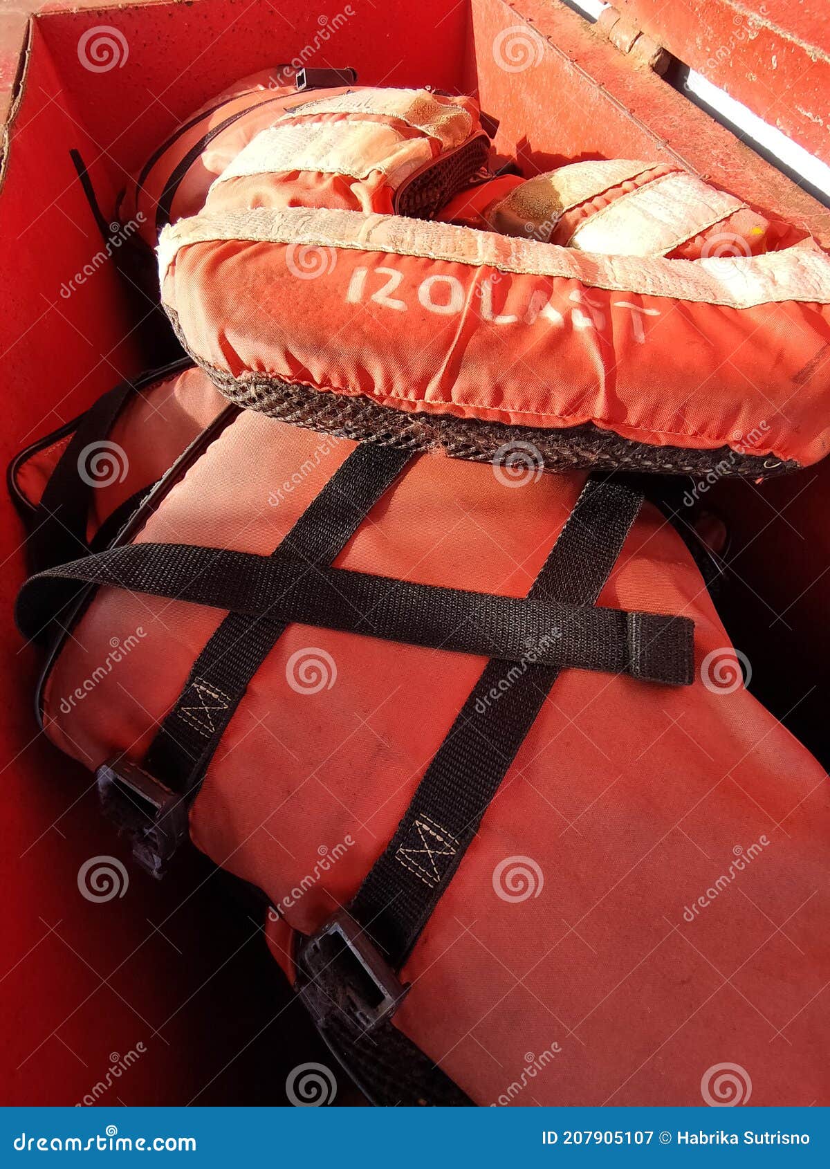 Safety Life Jacket Inside the Red Box in the Morning at Close Look ...