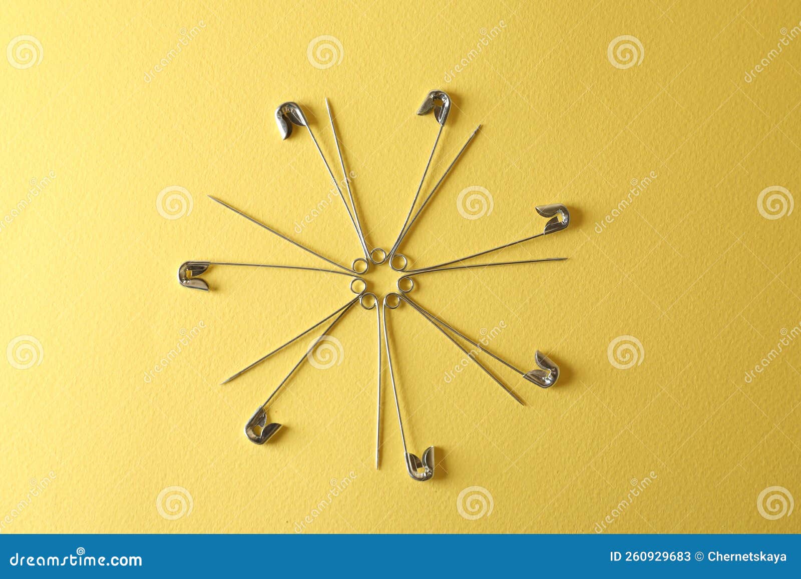 Safety Pins on Yellow Background, Flat Lay Stock Image - Image of ...
