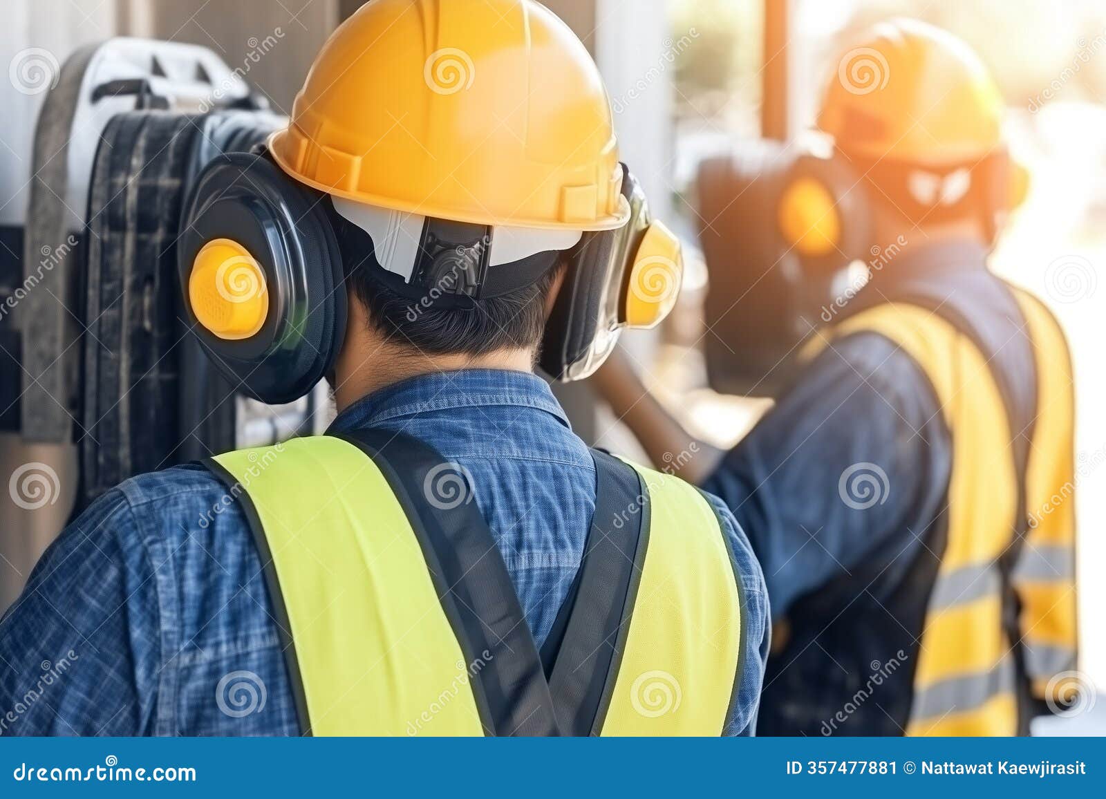 Safety Precautions for Construction Workers Wearing Hard Hats and Ear ...