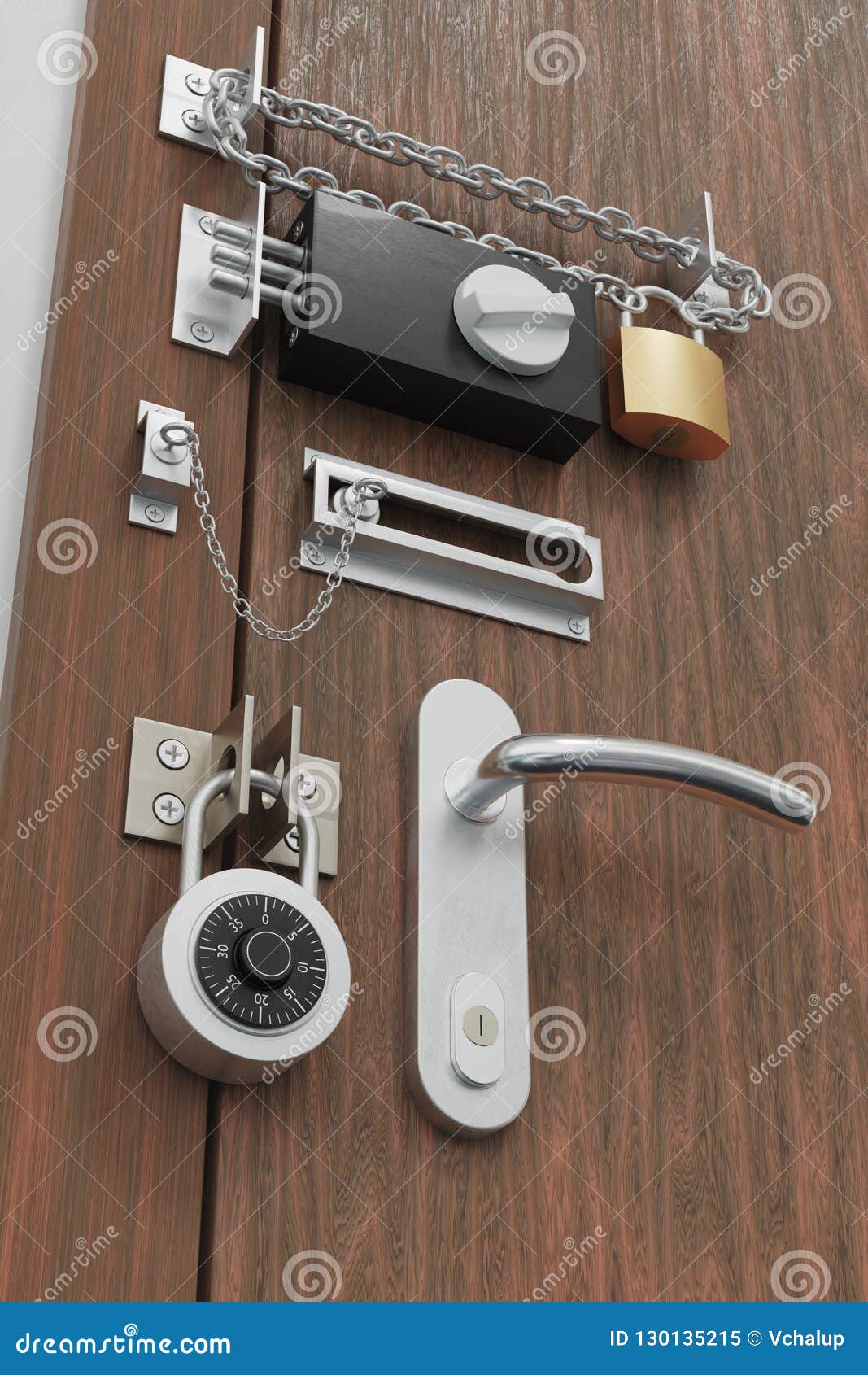 Safety and Security Concept. Door with Many Locks Stock Illustration ...