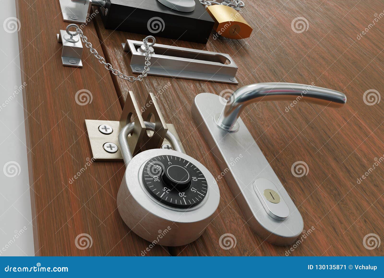 Safety and Security Concept. Door with Many Locks Stock Illustration ...