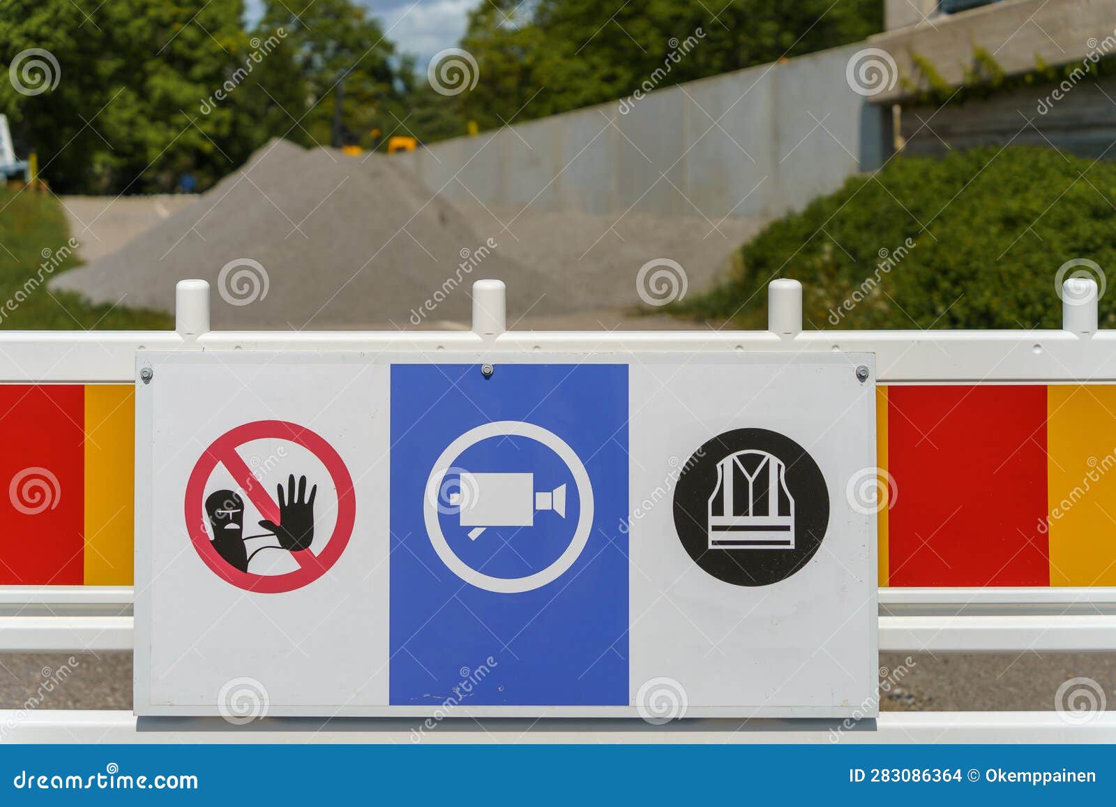 Safety Signs on a Construction Barrier in a Work Site Stock Photo ...