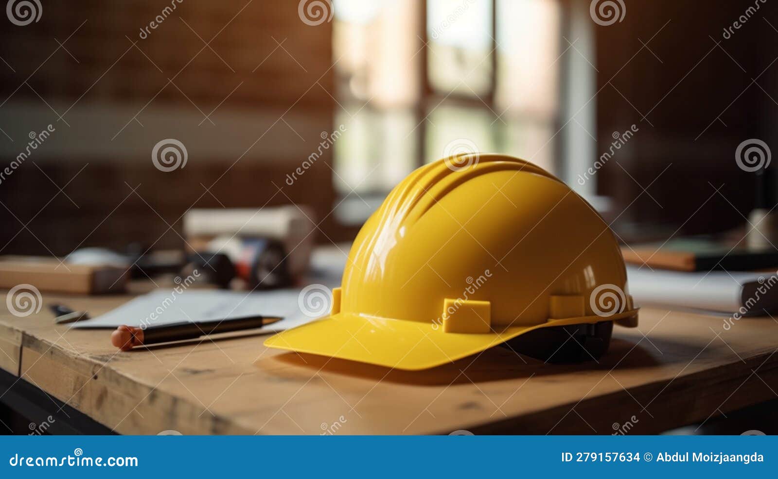 Safety and Success, Yellow Helmet on Construction Desk Stock ...