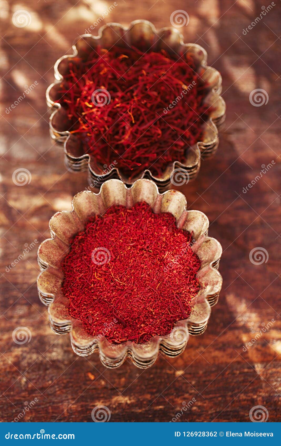 Saffron Space Threads and Powder in Tin Case on Wood Backgroun Stock ...