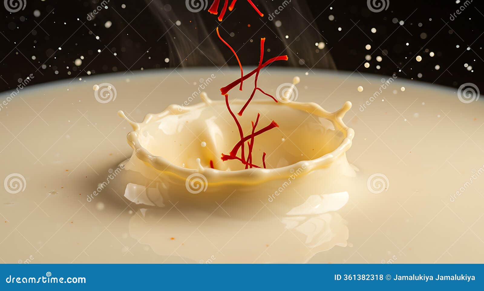 Saffron Threads Falling into Creamy Milk: a Dramatic Splash Stock Photo ...