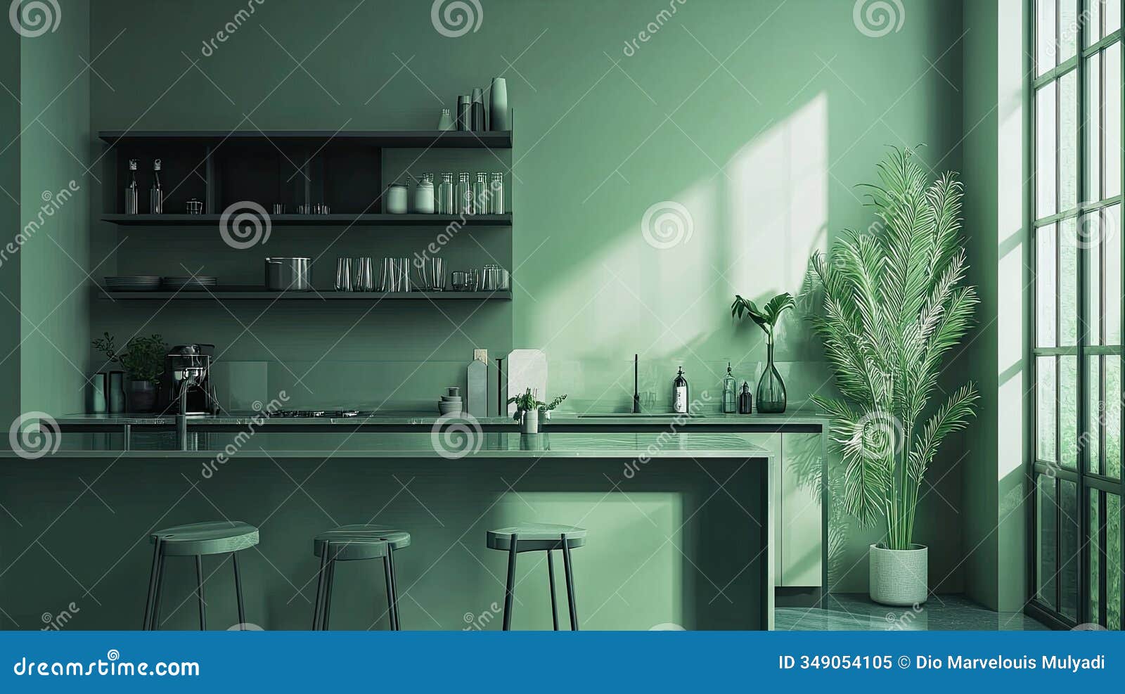 Sage Green Modern Kitchen Interior Design Stock Image - Image of ...