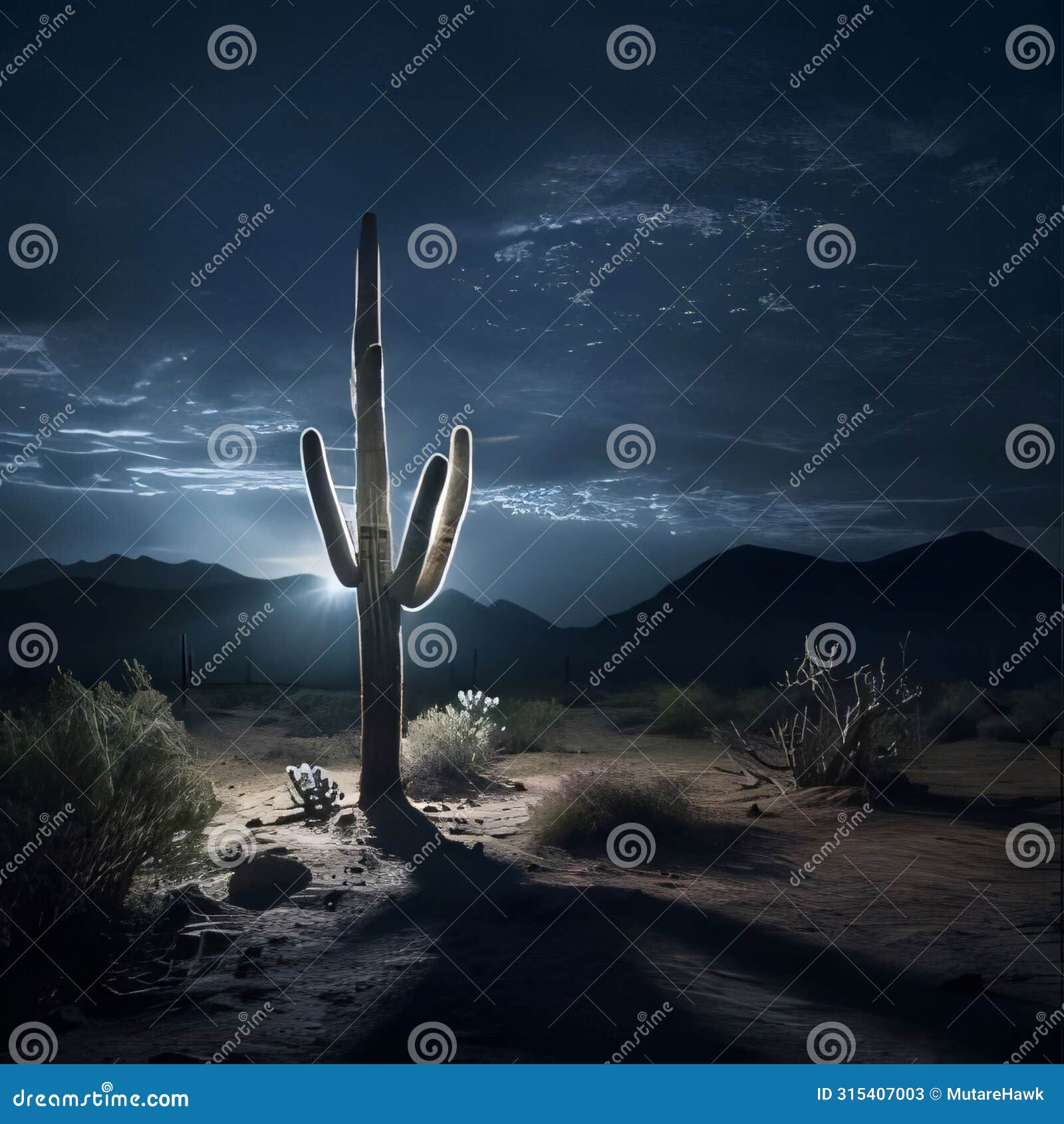 Saguaro Cactus in the Desert at Night with Moonlight Stock Illustration ...