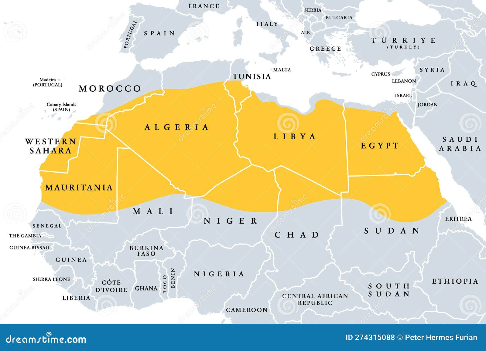 The Sahara, Hot Desert on the African Continent, Political Map Stock ...