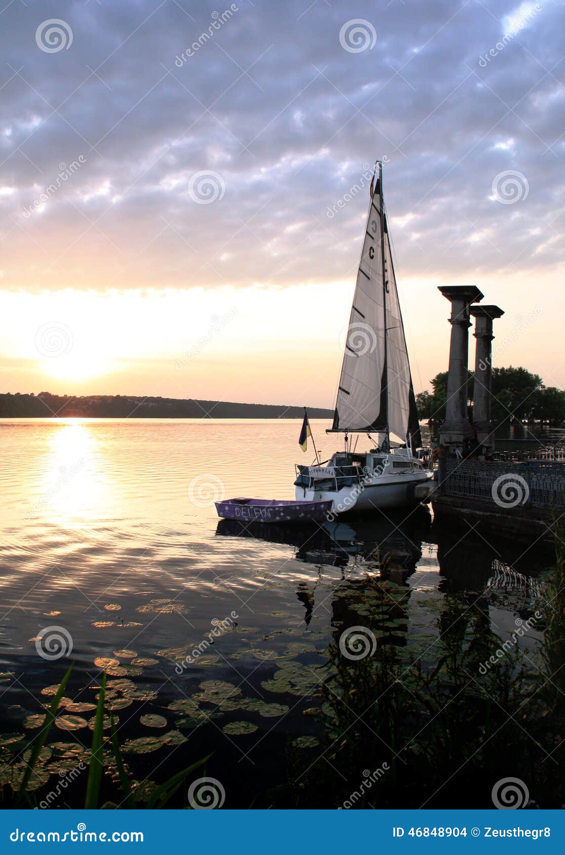 Sail Boat at Lake on the Sunset Editorial Stock Image - Image of orange ...