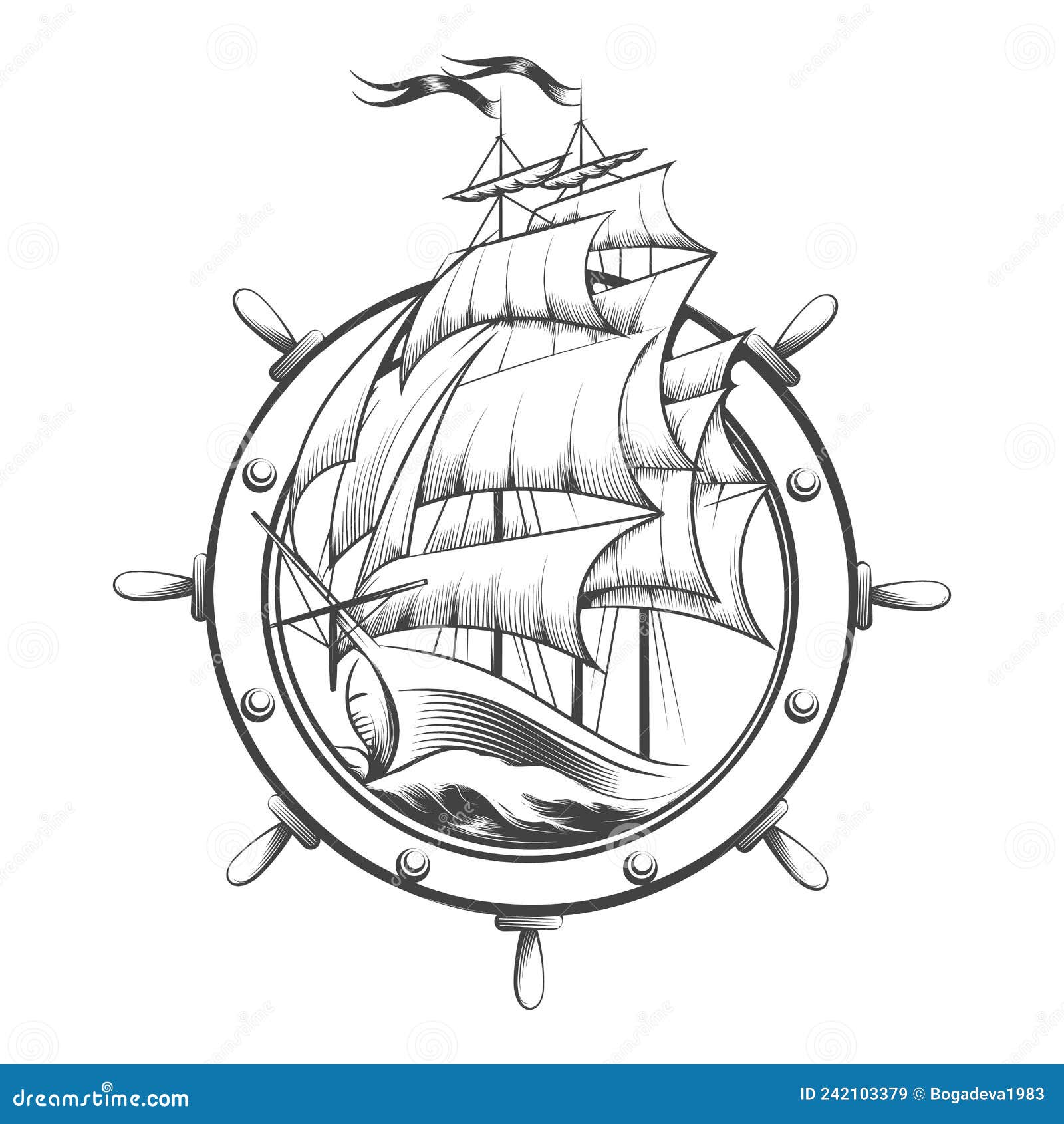 Sail Ship Inside Ship Wheel Engraving Tattoo Stock Vector ...