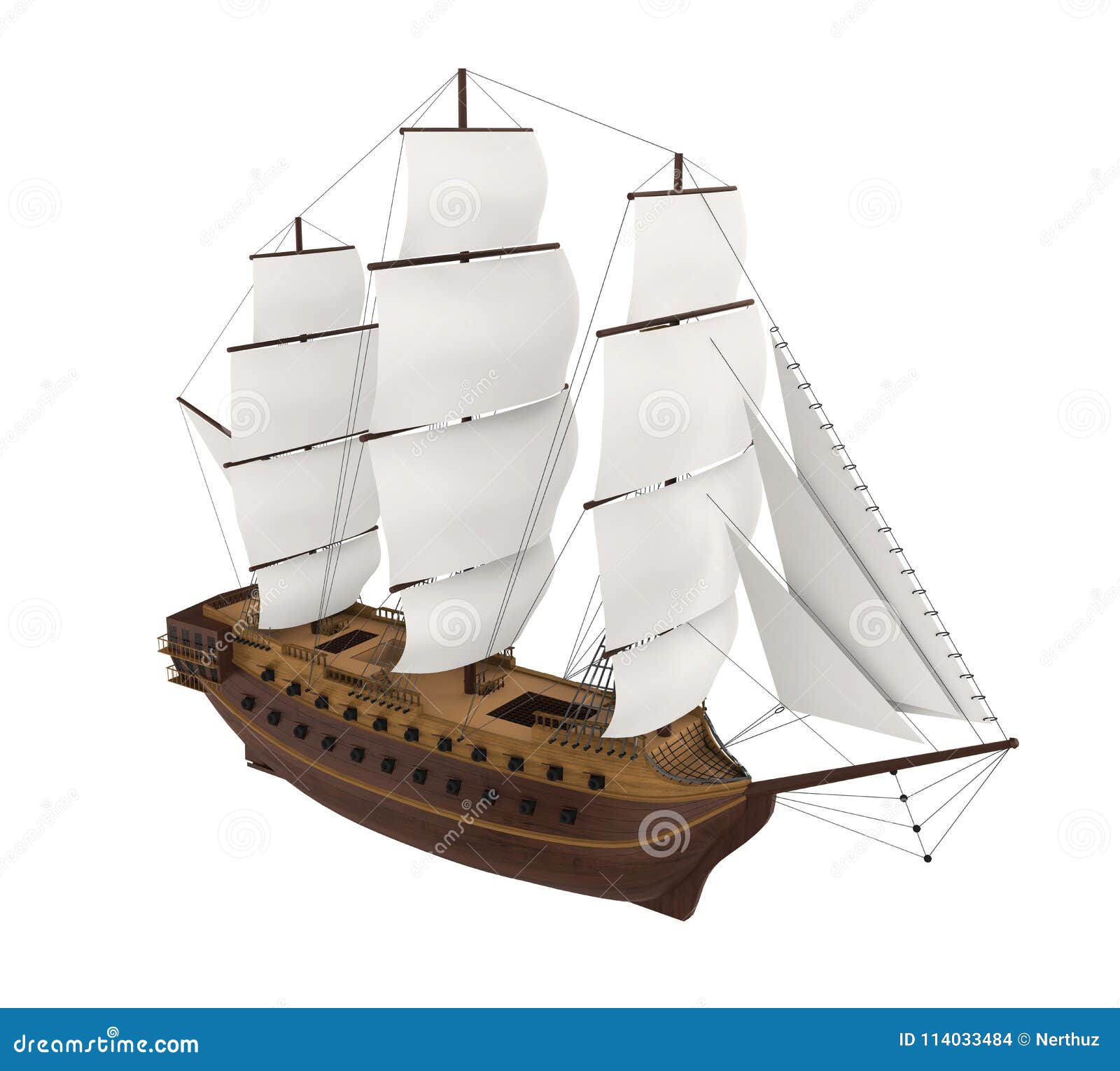 Sail Ship With Detailed Rigging Black And White Vector Silhouette ...