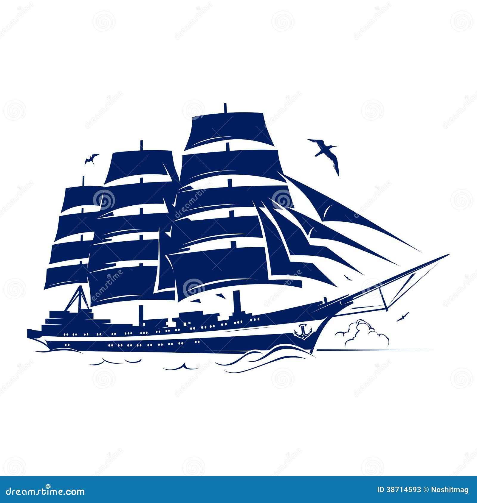 Sail Ship With Detailed Rigging Black And White Vector Silhouette ...