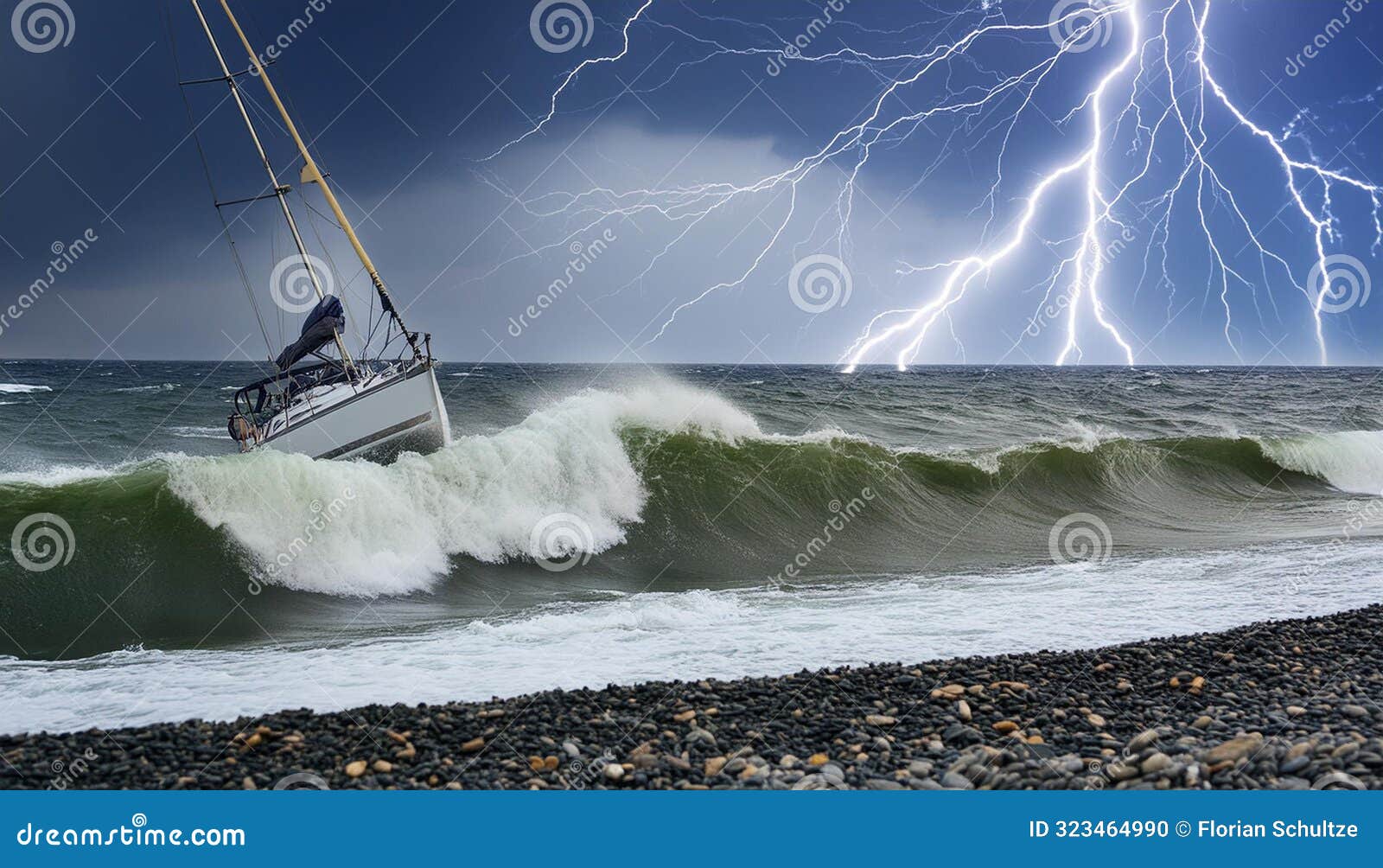 Sailboat in the Against the in a Violent Storm with Waves, Lightning ...
