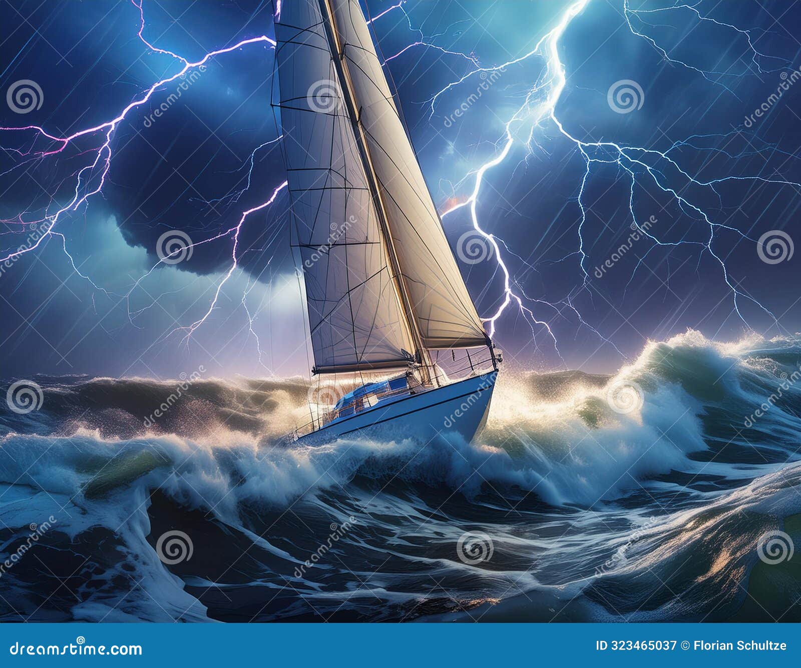 Sailboat in the Against the in a Violent Storm with Waves, Lightning ...