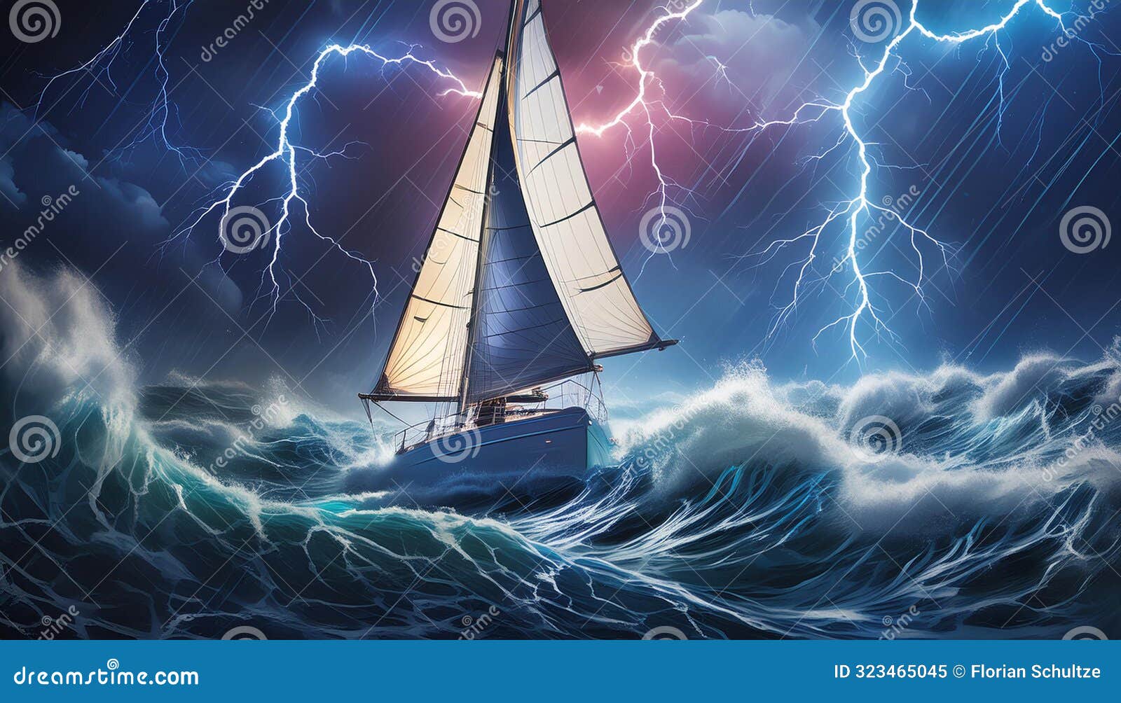 Sailboat in the Against the in a Violent Storm with Waves, Lightning ...