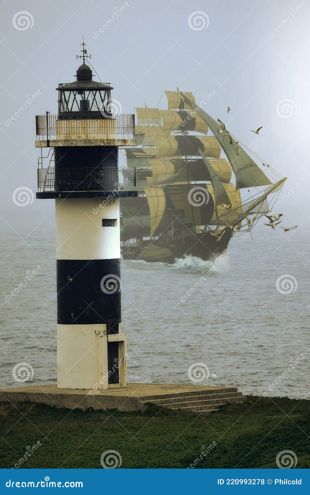 Sailboat Behind Lighthouse on Peaceful Sea Stock Illustration ...