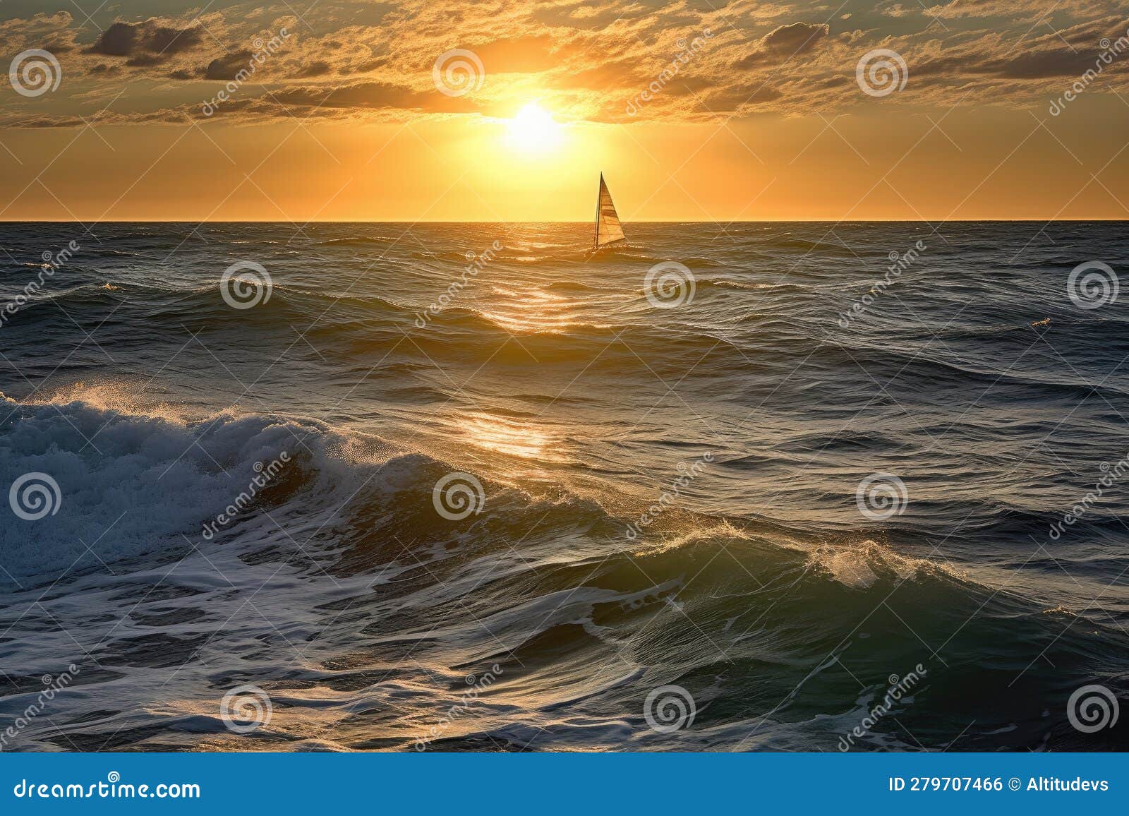 Sailboat Through Waves On Sunset Sail, With Silhouette Of The Boat And ...