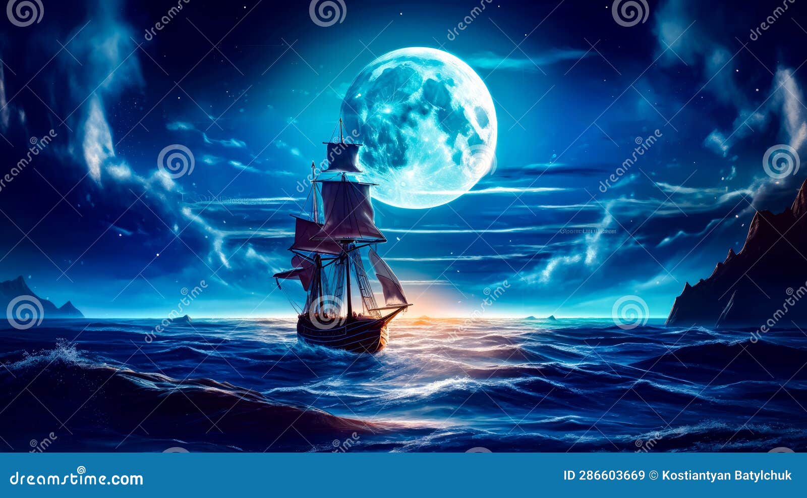 Sailboat Floating in the Ocean with Full Moon in the Background Stock ...