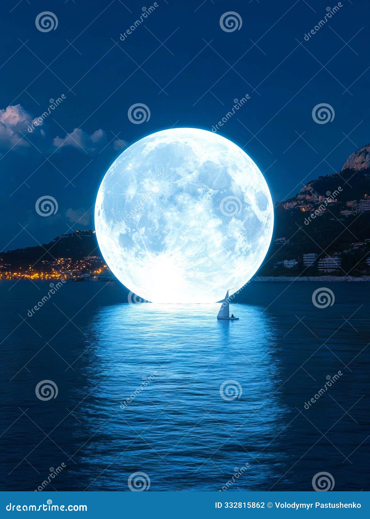 A Sailboat Floating in the Ocean Under a Full Moon Stock Photo - Image ...