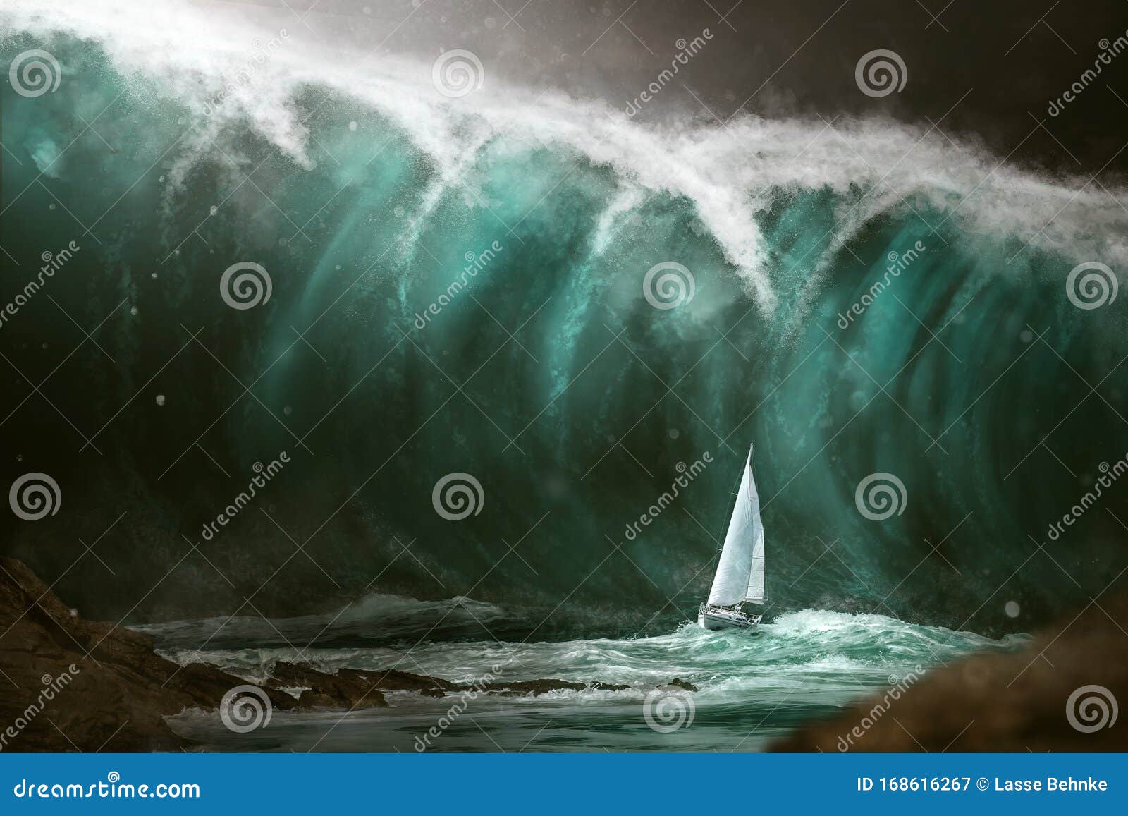 Sailboat in Front of a Tsunami Stock Image - Image of giant, hurricane ...